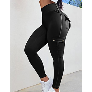 Flamingals Butt Lifting Leggings with Flap Pockets Workout Cargo Leggings for Women Black S