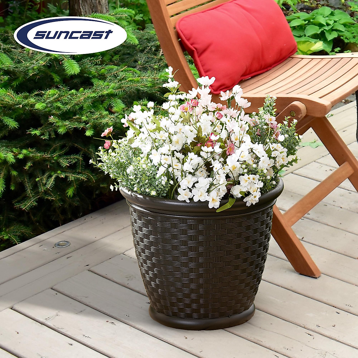 Suncast Sonora 18 Inch Lightweight Durable Plastic Wicker Decorative Flower Planter Pot for Yard, Garden, Indoor or Outdoor Use, Brown