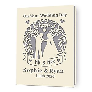 EDSG Personalized Wedding Card Gifts Mr and Mrs Gifts Greeting Cards with Any Name & Date Congratulations Wedding Day Laser Paper Cut Cards for Him Her Bride Groom Wife Husband New Couple(Gray)