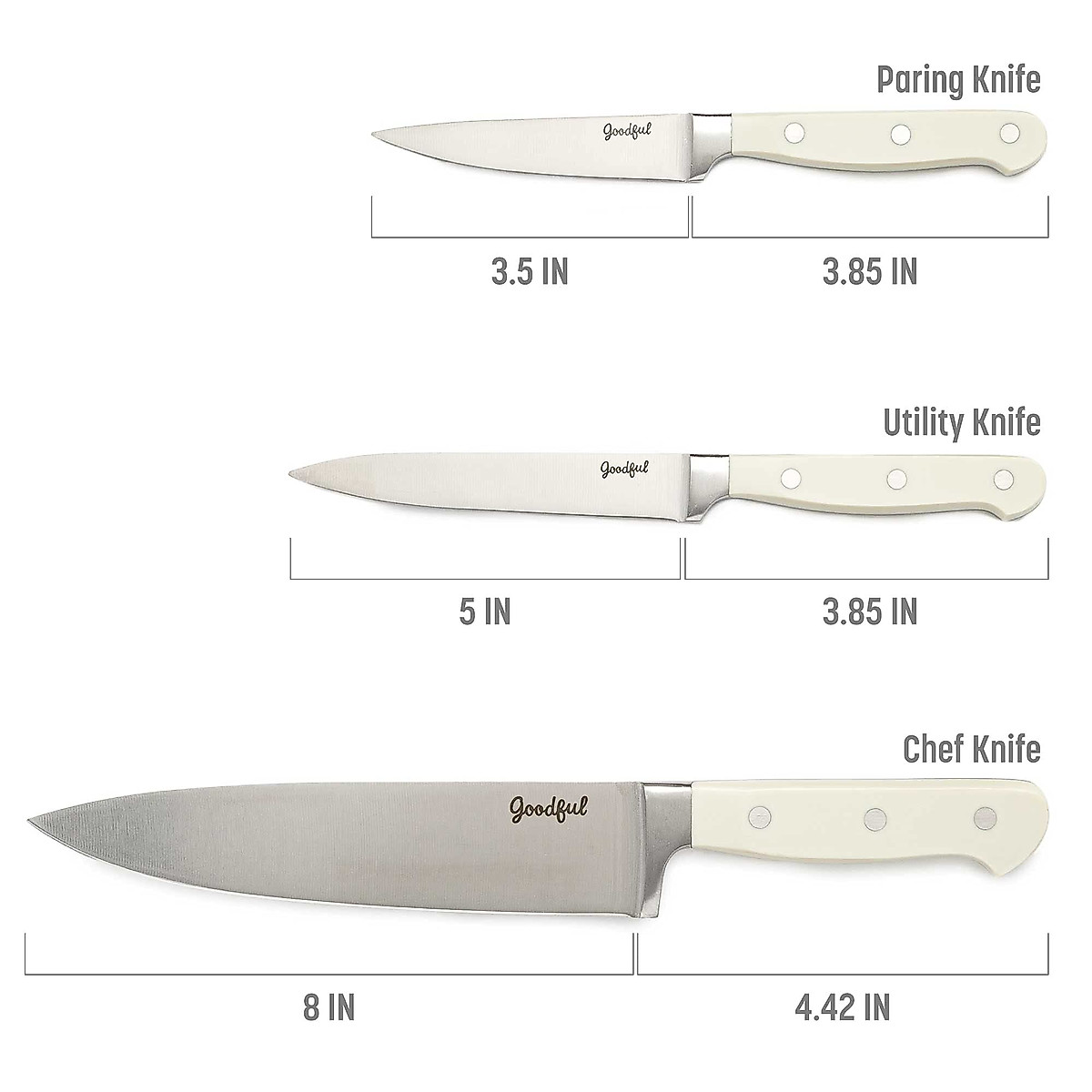 Goodful Premium Cutlery Kitchen Essential Knife Set, High Carbon Stainless Steel Blades Cutlery, Full Tang, Triple Riveted Handles, 3-Piece, Cream
