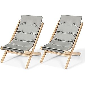 Tangkula Folding Sling Chair, Outdoor Wood Portable Beach Chair with 3-Positions Adjustable Backrest, Patio Lounge Chair with Thick Cushion for Yard Poolside Balcony (2)