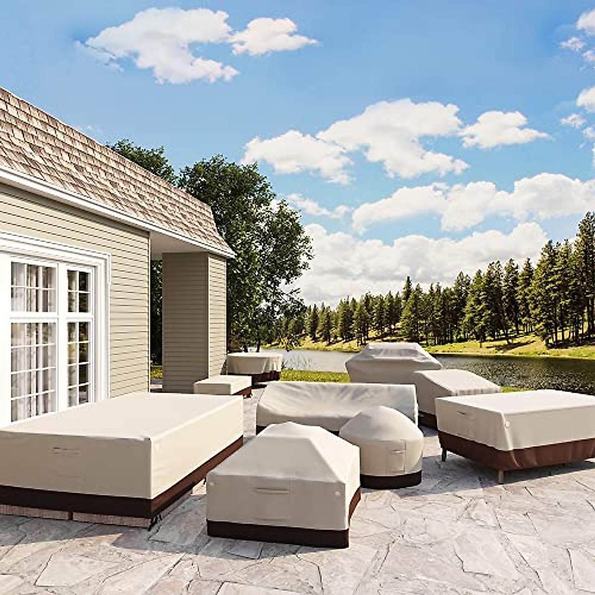 Tuyeho Round Patio Furniture Cover, Durable Oxford Fabric Outdoor Round Table Cover, Waterproof, UV & Rip Resistant Patio Table and Chairs Set Cover, 48"DIA x 26"H Beige & Brown