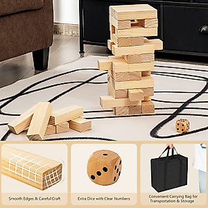 Costzon Giant Tumbling Timber Toy, 54PCS New Zealand Pine Wooden Block Stacking Game w/Carrying Bag, Attached Dice, Curved Edge, Yard Tower Game Fits Kid & Adult for Parties & Gathering Playing