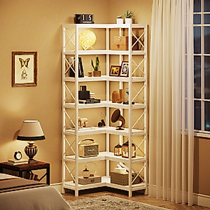 LITTLE TREE 7 Shelf Corner Bookcase, Industrial Large Corner Bookshelf, 7-Tier Tall Corner Shelf Storage Display Rack with Metal Frame for Living Room Home Office, White