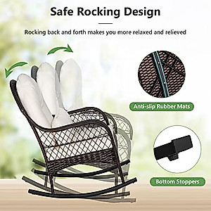 Tangkula Outdoor Wicker Rocking Chair, Patio Rattan Rocker with Seat Back Cushions & Waist Pillow, Sturdy Metal Frame, Mix Brown Outdoor Rocker for Balcony, Porch, Backyard (1, Off White)