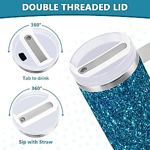 Blue Glitter Texture 40 oz Tumbler with Handle and Straw Lid, Sparkling Sequins Insulated Coffee Cup Reusable Stainless Steel Water Bottle Travel Mug Cupholder Friendly,Gifts for Women Men