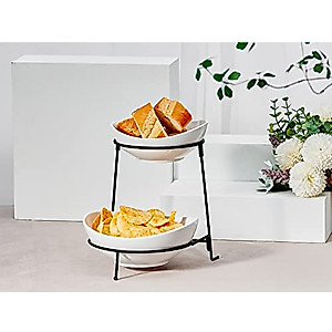 ONEMORE Tiered Serving Stand - 2 Tier Ceramic Chip and Dip Bowls with Collapsible Food Display Stand - Perfect for Parties, Buffets and Entertaining - White