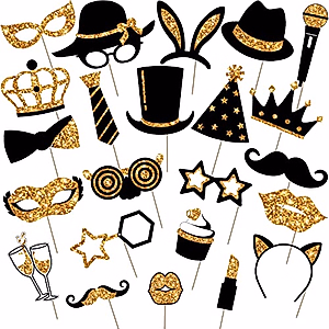 24 Pieces Party Photo Booth Props for Birthday Weddings Graduation Prom New Year Party Supplies Mix of Hats, Lipstick, Tie, Crowns (Golden)