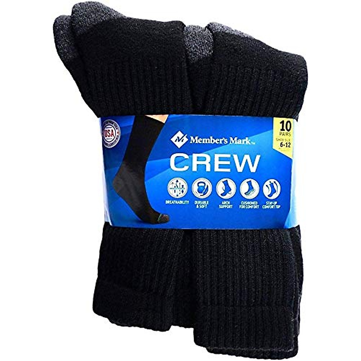 Member's Mark Men's Crew Socks Black Made in USA, Shoe Size 6-12, 10 Pairs