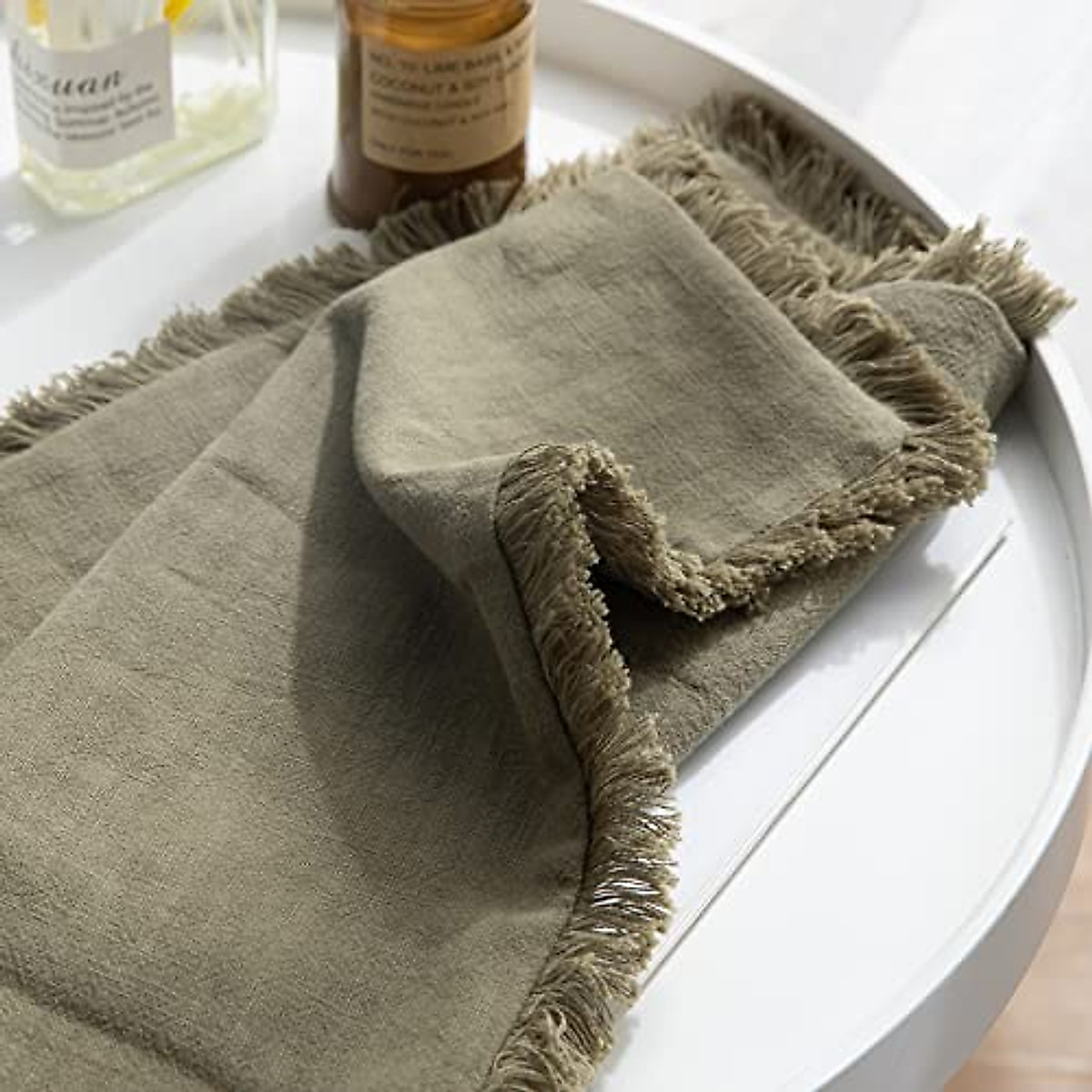 Linen Fringed Throw Pillow Cover - Soft Cozy Boho Cushion Covers with Tassel for Couch Sofa Farmhouse Natural Decor Burlap Pillowcase, Green 18x18 Inches