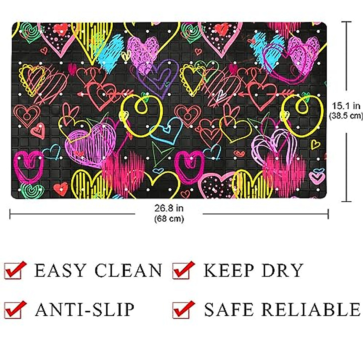 Bath Tub Shower Mat - Anti-Slip PVC Material 15.1x26.8 in, Gentle Cushioning Quick Drying Suction Cups Reliable Solution - Hand Drawn Simple Hearts Non-Slip Floor Mat