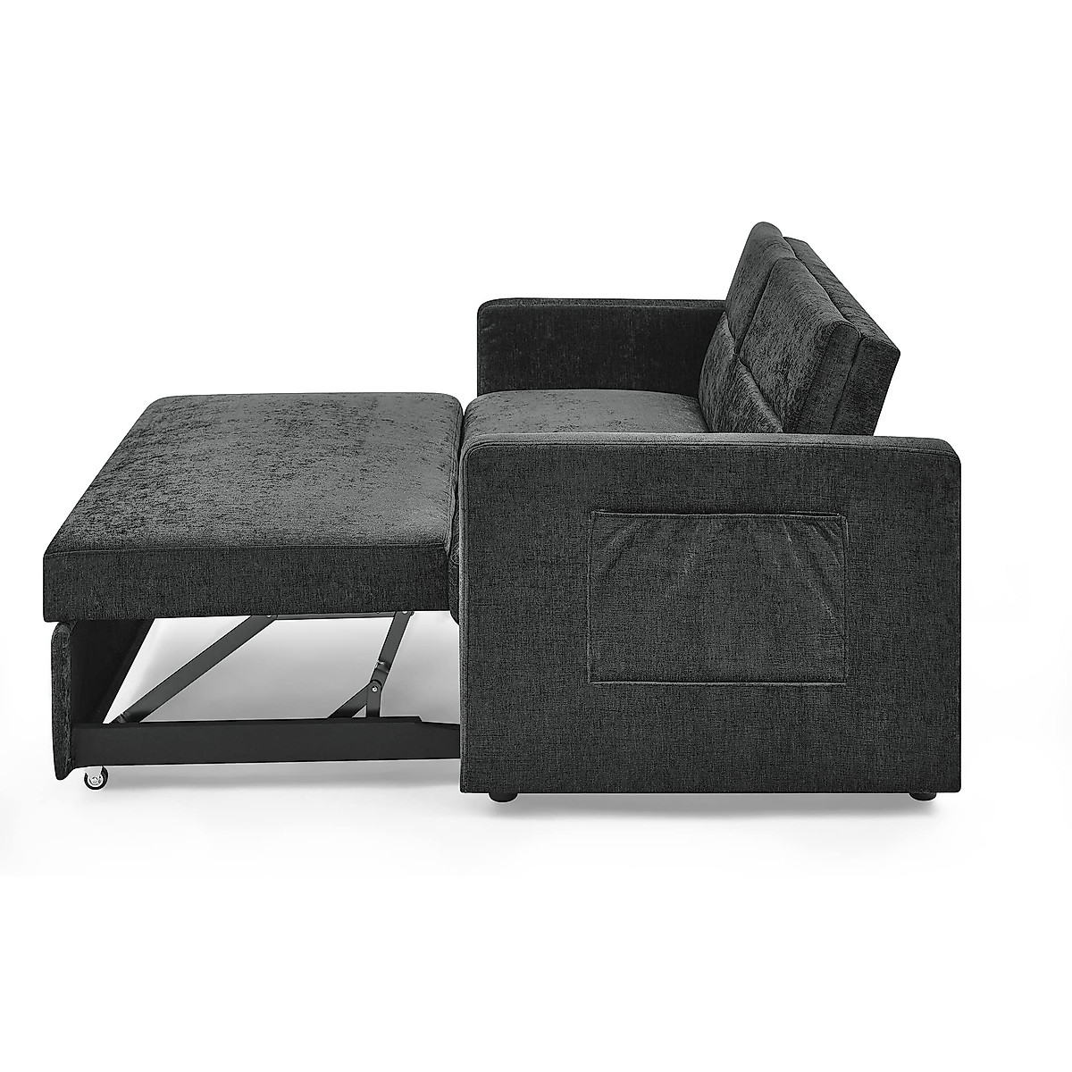 LIADTOP 54.5'' Modern Convertible Sleeper Two Side Pockets, Grey Fabric w/Pull-Out Bed Loveseat Sofa Couch and Adjsutable Back for Living Room,Black