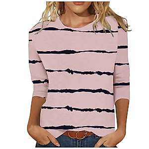 Amazon Coupons & Promo Codes for Prime Members Women Striped Shirts 3/4 Sleeved Tops Round Neck Pullovers Tops Fall Summer Comfy T Shirts Blouses Sweatshirts