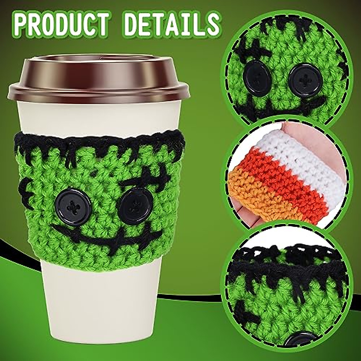 Whaline Halloween Knitted Coffee Sleeves Green Monster Knitted Coffee Sleeves Reusable Handmade Crochet Coffee Tea Mug Warmer Hand Protector for Women Men Paper Cups, 2 Designs