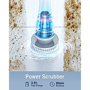 LABIGO Electric Spin Scrubber LA1 Pro, Cordless Spin Scrubber with 4 Replaceable Brush Heads and Adjustable Extension Handle, Power Cleaning Brush for Bathroom Floor Tile (White)