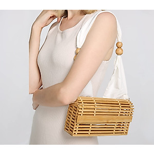 FANCELINE Bamboo Shoulder Bag for Women Summer Straw Bags Wooden Beach Purse Basket Handle Handbags