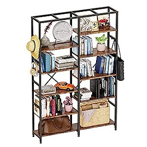 Monesti Bookshelf, 5 Tier Bookcase with 6 Hooks, Book Shelf for Bedroom, Living Room, Kitchen, Study and Home Office(Rustic Brown).