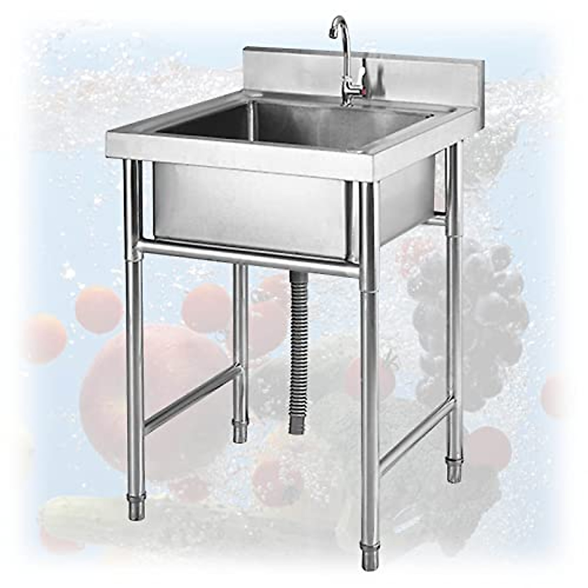 Single Bowl Free Standing Sink 1 Compartment 304 Stainless Steel Commercial Kitchen Prep Utility Hand Basin for Garage, Restaurant, Laundry Room, Indoor Outdoor (Silver 50x80cm)