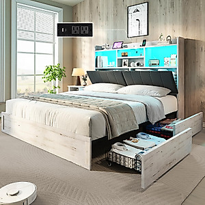 LUXOAK Full Farmhouse Bed Frame with Bookcase Headboard and 4 Drawers, LED Storage Bed with Charging Station & Linen Upholstered, No Box Spring Needed, Distressed White