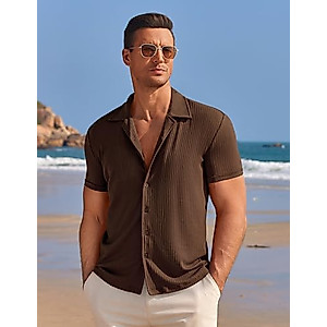 COOFANDY Men Knit Shirts Short Sleeve Button Down Shirts Summer Shirts Cuban Collar Beach Shirts Brown