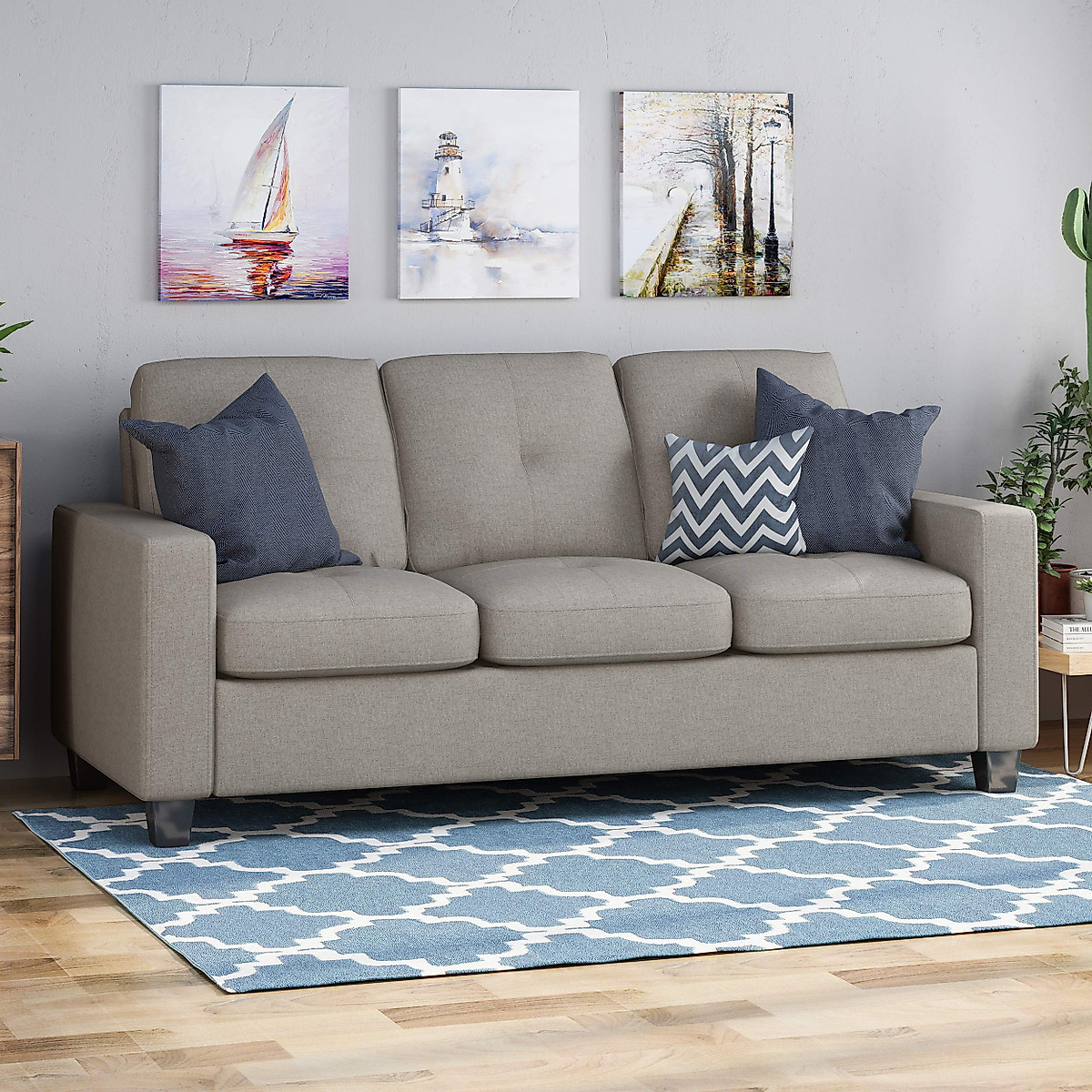Christopher Knight Home Viviana Three Seater Sofa with Wood Legs, Beige and Natural Finish
