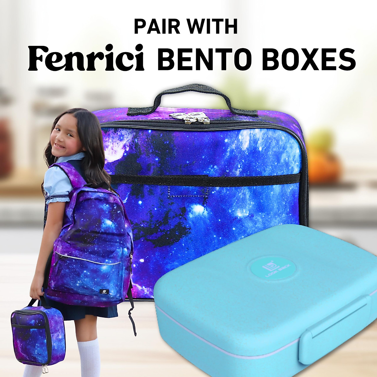 Fenrici Kids' Backpack with Lunch Box Gift Set for Boys and Girls, School Bag with Laptop Compartment and Insulated Lunch Bag, Galaxy Purple