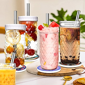 Boba Cup,Reusable Bubble Tea Cup,Glass Cups Set,4 PCS Mason Jar Cups with Lids and Straws& 4 Airtight Lids,22oz Diamond Texture Wide Mouth Iced Coffee Tumbler,Reusable Smoothie Cups,Smoothie, gift