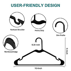 Micuul Plastic Clothing Notched Hangers (50 Pack) Heavy Duty Durable Coat and Clothes Hangers, Lightweight Space Saving Laundry Hangers Hangs up to 6 lbs for Coats, Pants, Dress, Etc. (Black, 50)