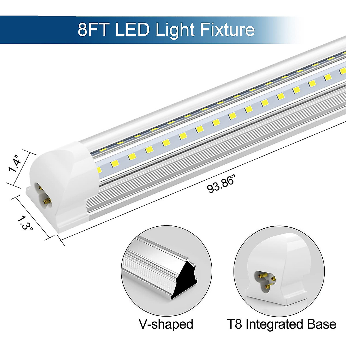 JESLED LED Shop Light 8FT, 72W 6500K Cool White, 9000LM High Output, V Shape, T8 Linkable 8 Foot LED Tube Lights for Garage, Warehouse, Plug and Play, Clear Cover (6-Pack)