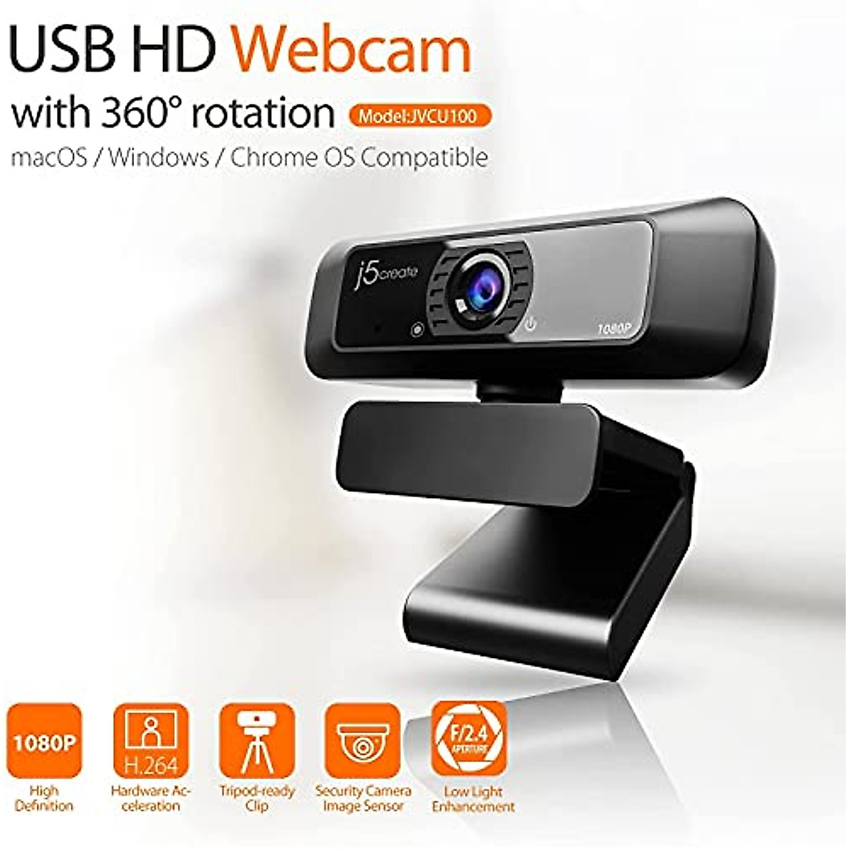 j5create USB Streaming Webcam - 1080P HD with 360° Rotation, High Fidelity Microphone, Plug and Play for PC/Mac/Laptop/Desktop/Skype/YouTube/Zoom/Facetime, Suitable for Conferencing/Calling (JVCU100)