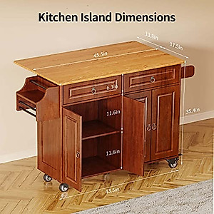 Aiho Kitchen Island Cart with Storage, 52’’ Mobile Carts with Rolling Kitchen Table with Towel Rack, Spice Rack, Drawer, Large Storage Cabinet, Brown