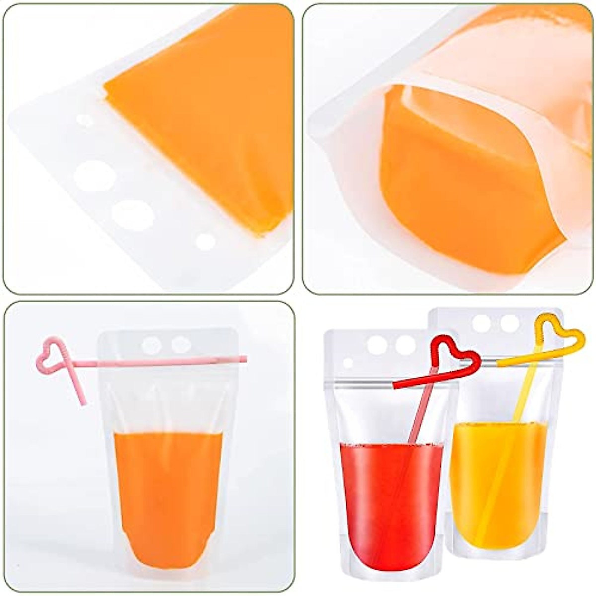LOMIMOS 50 PCS Stand-Up Plastic Drink Pouches,Reusable Heavy Duty Hand-Held Translucent Reclosable Zipper Drink Bag with 50 Straws for Smoothie Juice Adult Party