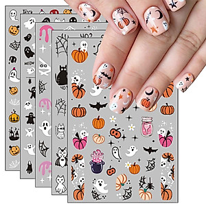 JMEOWIO 8 Sheets Cute Halloween Nail Art Stickers Decals Self-Adhesive Pegatinas Uñas Horror Skull Pumpkin Ghost Witchy Spider Web Bat Spook Nail Supplies Nail Art Design Decoration Accessories