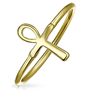 Minimalist 14K Gold Plated .925 Sterling Silver Midi Knuckle 1MM Band Stackable Ankh Cross Egyptian Symbol Of Life Ring