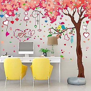 Giant Huge Pink Cherry Tree Wall Decals Cute Cartoon Removable Large Tree Lovely Heart Shape Wall Sticker Peel Stick for Kids Girls Bedroom Livingroom TV Background