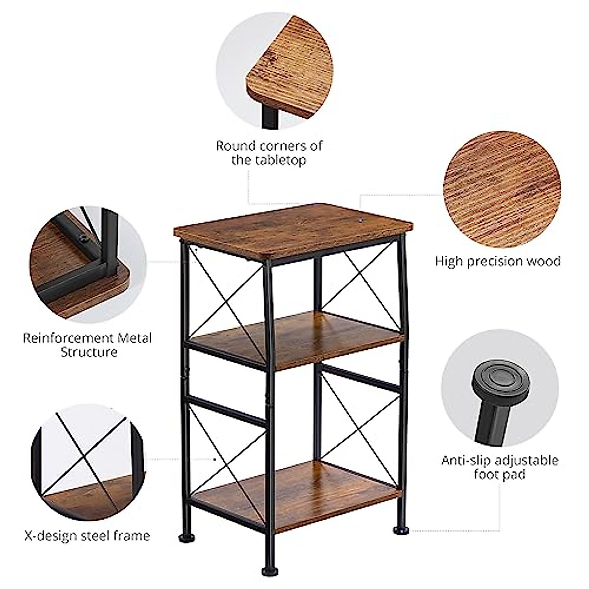ruboka 3-Tier Small End Table, Small Side Table with Storage Shelf, Small Bookshelf with Metal Frame for Small Spaces, Nightstand, Bookcase, Display Rack for Bedroom, Living Room.
