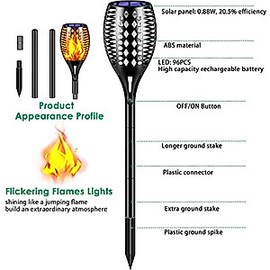 TomCare Solar Lights Upgraded, 43" Waterproof Flickering Flames 96 LED Torches Lights Outdoor Solar Landscape Decoration Lighting Auto On/Off Pathway Lights for Garden Patio Yard Christmas, Black(4)