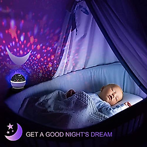 Baby Night Lights Christmas, Moon Star Projector - 4 LED Bulbs 8 Light Color Changing with USB Cable 360 Degree Rotation, Romantic Night Lighting Lamp for Birthday Nursery Women Children Kids Baby