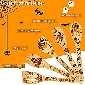 Nialnant Halloween Wooden Kitchen Utensil Set with Storage Bucket, Wooden Spoons for Cooking,Non-Stick Bamboo Cooking Utensils,Fun Gift Ideas for Women - Witch Pattern