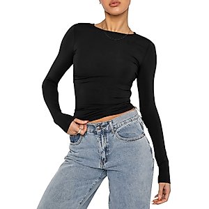 Fernvia Women's Slim Fit Basic Crop Tops Solid Color Casual Long Sleeve Crew Neck Tight Tee Shirts Fall Streetwear (A4-Basic Black, S)