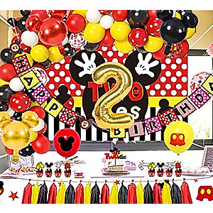 GREPARPY Mickey 2nd Birthday Party Supplies - Mickey Theme Oh Twodles Birthday Decorations Boy Include Backdrop, Balloon Garland Arch, Balloon Box, Welcome Hanger, Banner, Crown, Topper, Tablecloth