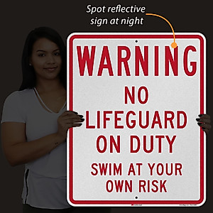 SmartSign 30 x 24 inch “Warning - No Lifeguard On Duty, Swim At Your Own Risk” Metal Sign, 80 mil Aluminum, 3M Laminated Engineer Grade Reflective Material, Red and White, Made in USA