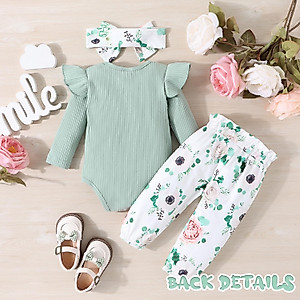 GDTOGRT Baby Girl Clothes Newborn Outfit Infant Ruffle Sleeve Romper and Floral Pants with Cute Headband Sets Baby Clothes for Girls 0-3 Months - Green