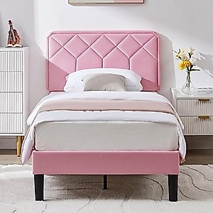 VECELO Twin Size Bed Frame Premium Leather Upholstered Platform with Height Adjustable Headboard/Mattress Foundation, Solid Wooden Slat Support, No Box Spring Needed/Easy Assembly