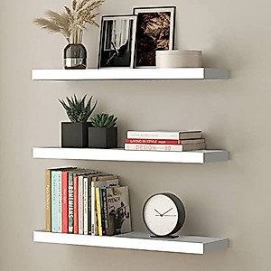 Set of 3 Floating Shelves,Wall Mounted Floating Storage Shelves,White Finish Wall Mount Shelf Sets, Wood Wall Shelves for Decor and Display,Be Used for Kitchen, Bathroom,Living Room, Bedroom and More.