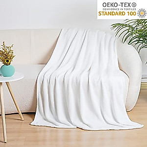 PHF Ultra Soft Fleece Throw Blanket, No Shed No Pilling Luxury Plush Cozy 300GSM Lightweight Blanket for Bed, Couch, Chair, Sofa Suitable for All Season, 50" x 60", White