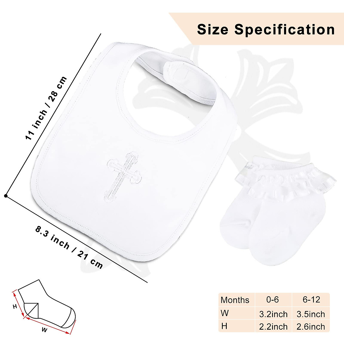 Geyoga 3 Pcs Baptism Bib for Baby Girl Baptism Candle Set Socks Pearl Headband Embroidered White Christening Outfit Bib
