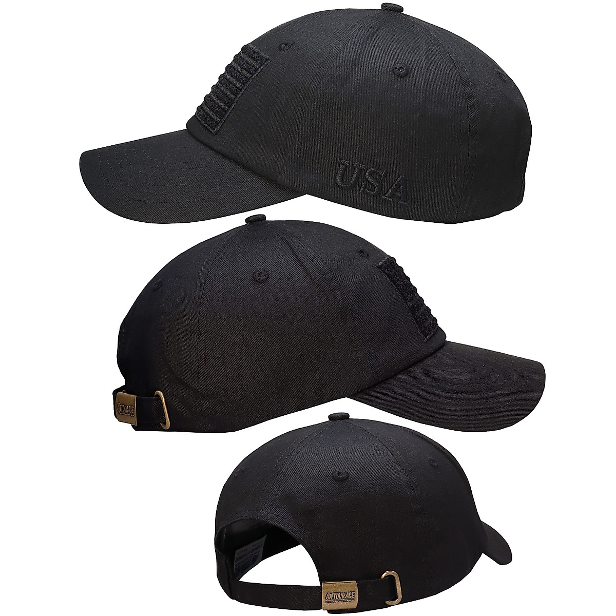 Antourage American Flag Unconstructed Hat for Men and Women Twill Mesh Snapback Baseball USA Flag Cap + 2 Patriotic Patches ((10.8) Black Classic)