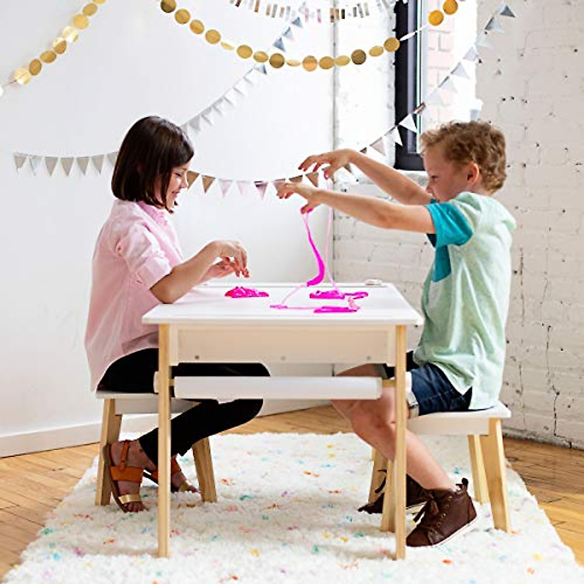 Wildkin Kids Arts and Crafts Table Set for Boys and Girls, Mid Century Modern Design Table Includes Two Stools, Paper and Storage Cubbies Underneath Helps Keep Art Supplies Organized (White)