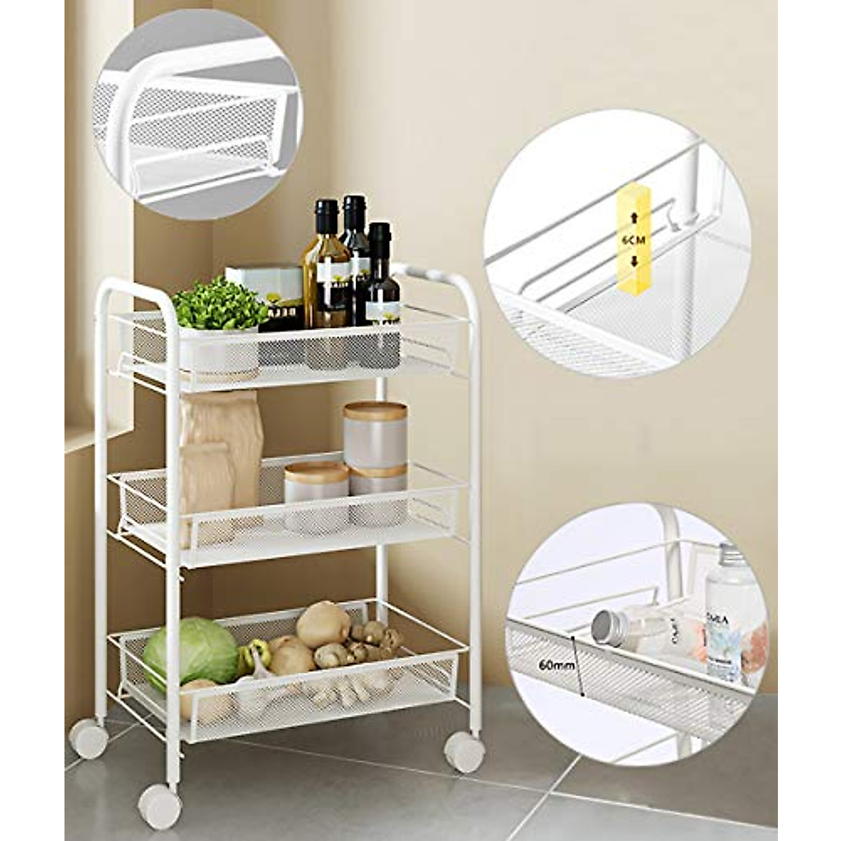 Rolling Storage Cart 3-Tier Metal Mesh Basket Shelves Kitchen Organizer with Wheels(White)